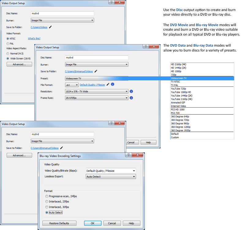NCH Video Output Options - Output to Disc